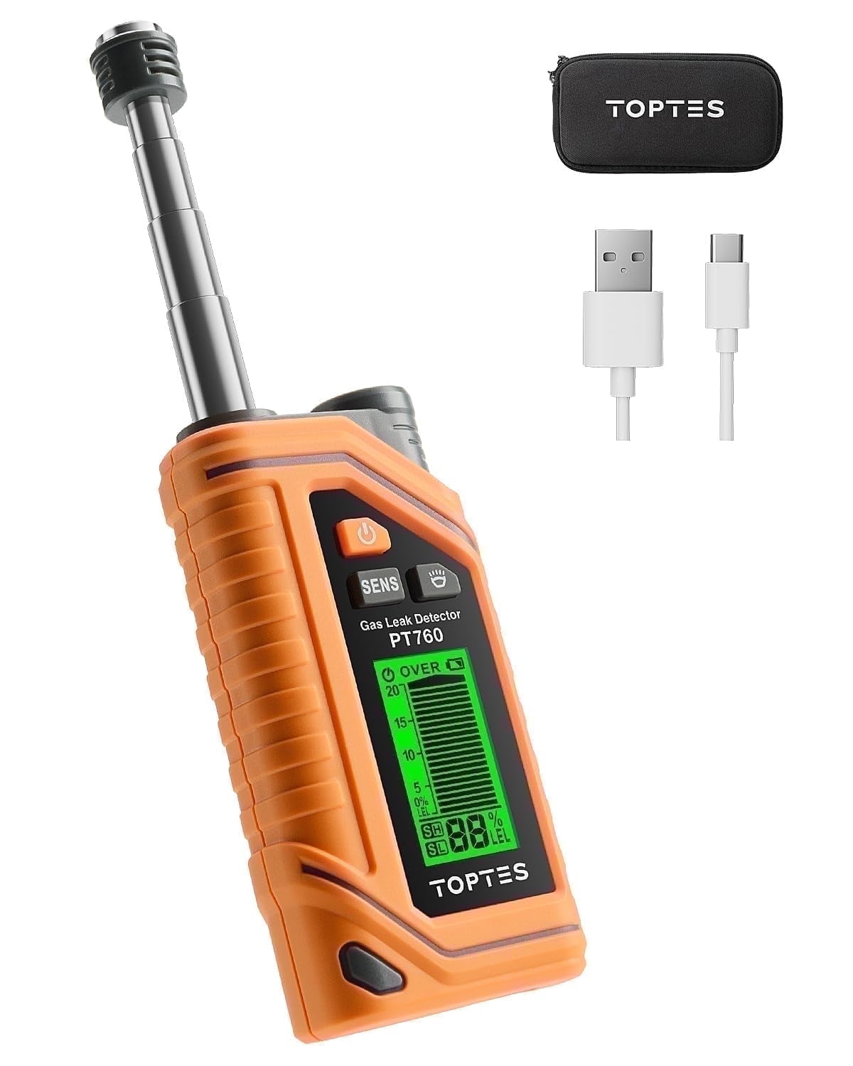 TOPTES Handheld Gas Leak Detector, PT760, Rechargeable with 12" Probe ...