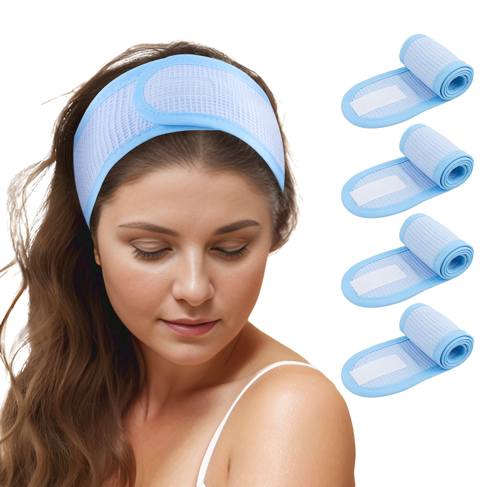 TOPTIE 4Pcs Cotton Spa Facial Headband Waffle Terry Cloth, Blue Hair ...