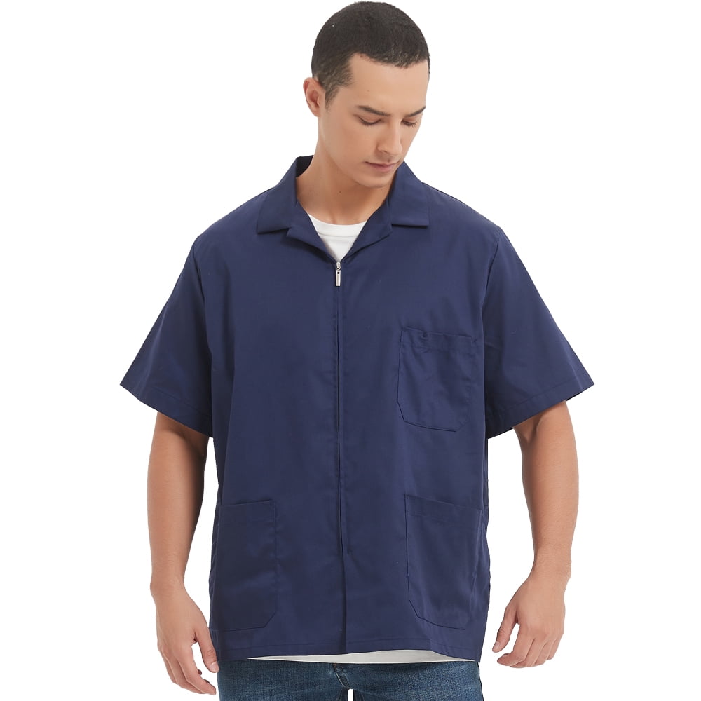 TOPTIE Men's Zip Front Smock Short-Sleeve Zippered Work Shirt Utility Jacket-Navy-L - Walmart.com