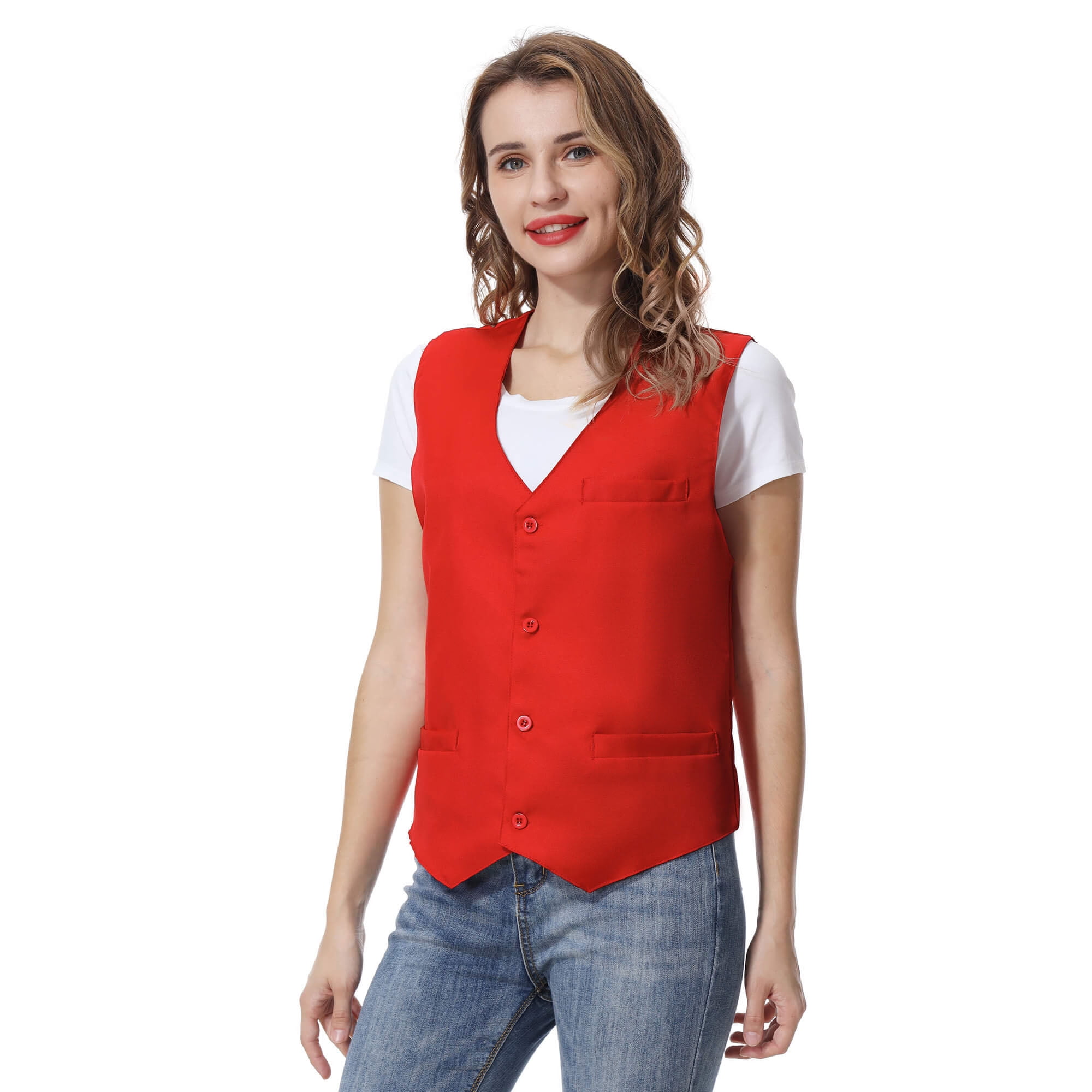 TOPTIE Unisex Work Uniform Vest with Pockets, Button Closure, Red, Size ...