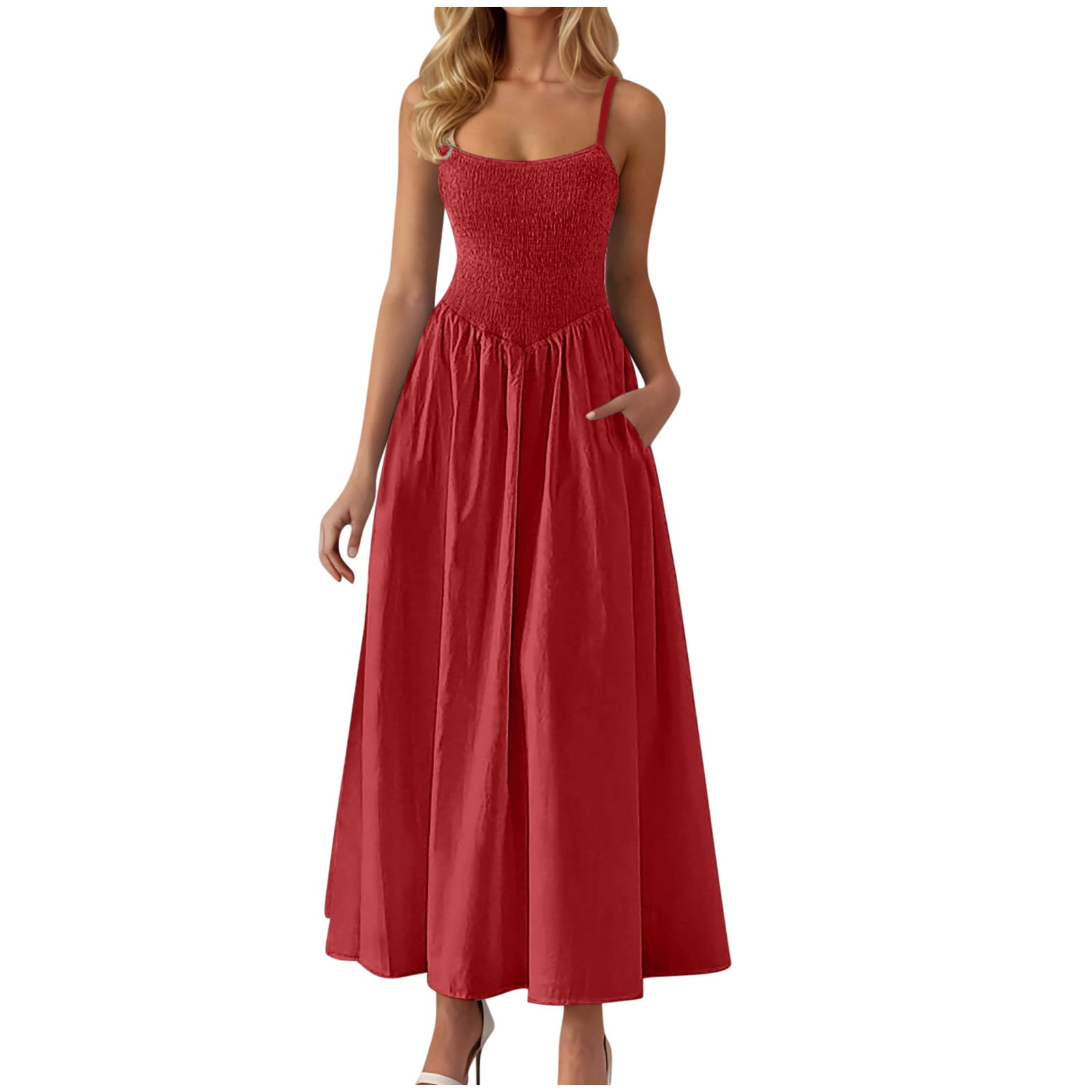 TOPUUTP Long Flowy Dresses for Women, Red - Womens Smocked Spaghetti ...