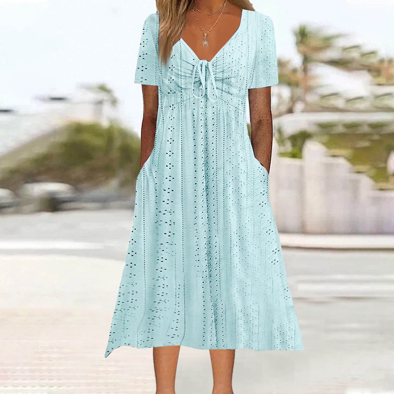 TOPUUTP Sun Dresses for Women 2025 Loose V Neck Eyelet Midi Dress ...