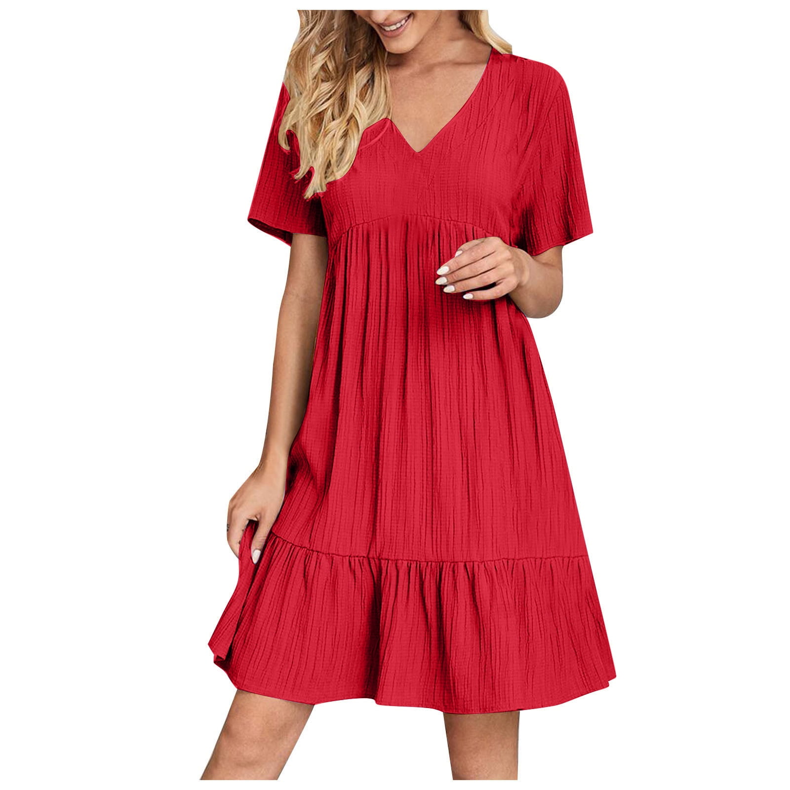 TOPUUTP Tiered Dress Women, Red - Womens Short Sleeve V Neck A Line ...