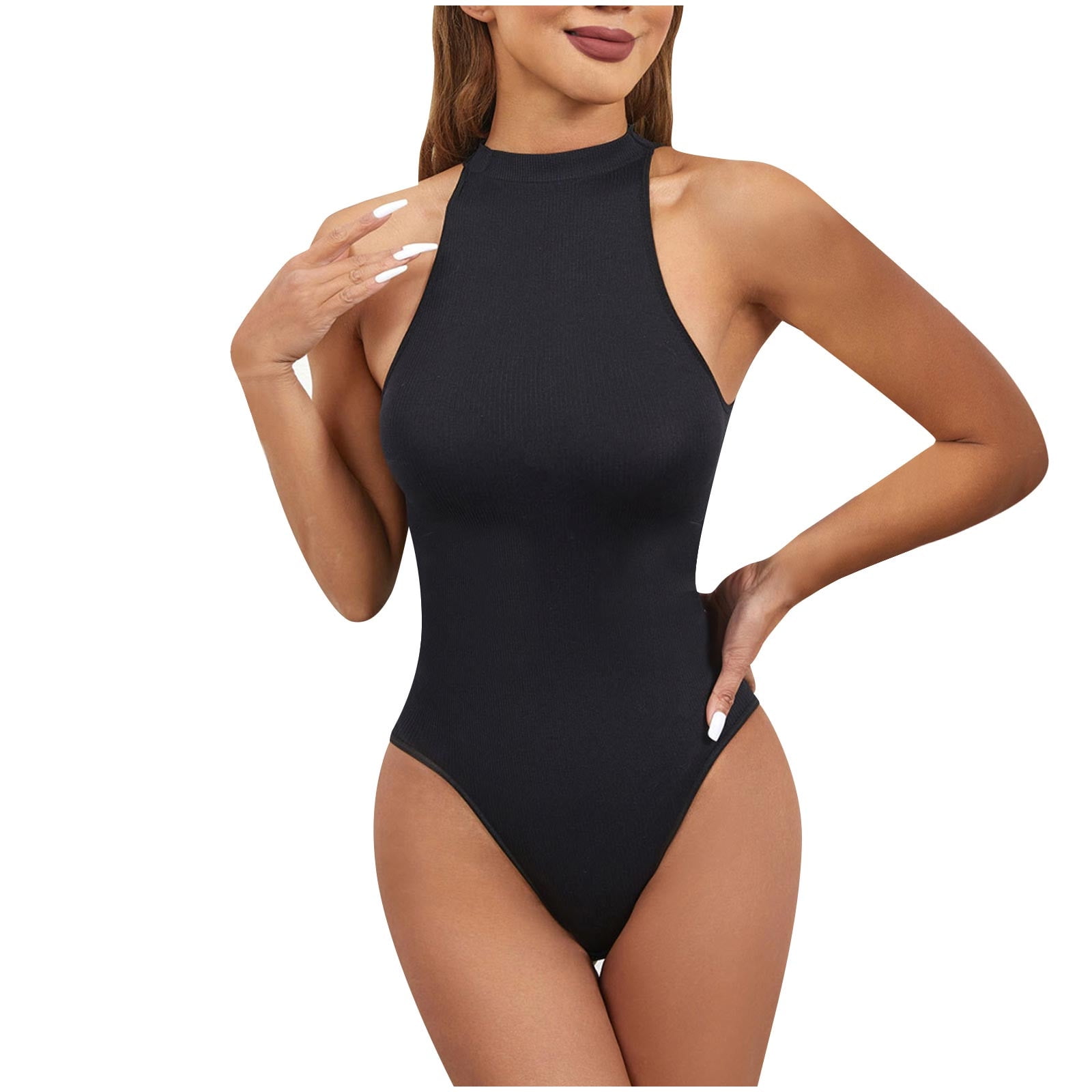 TOPUUTP Women's Sleeveless Thong Bodysuit Top Fashion Soft Halter Neck Stretch Ribbed Knit Date ...