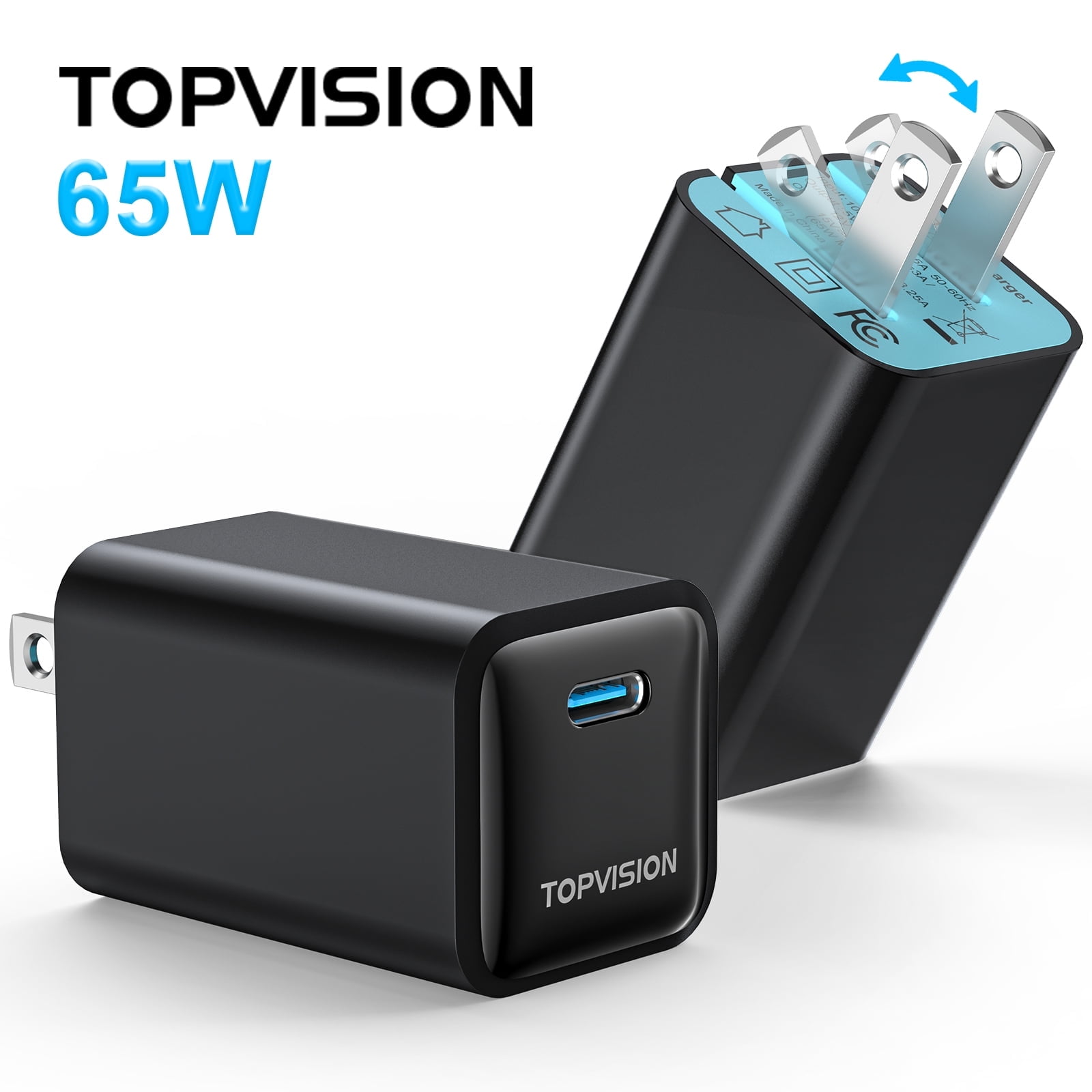 TopVision 65W USB-C Fast Charger Block, Compact Foldable Wall Adapter ...