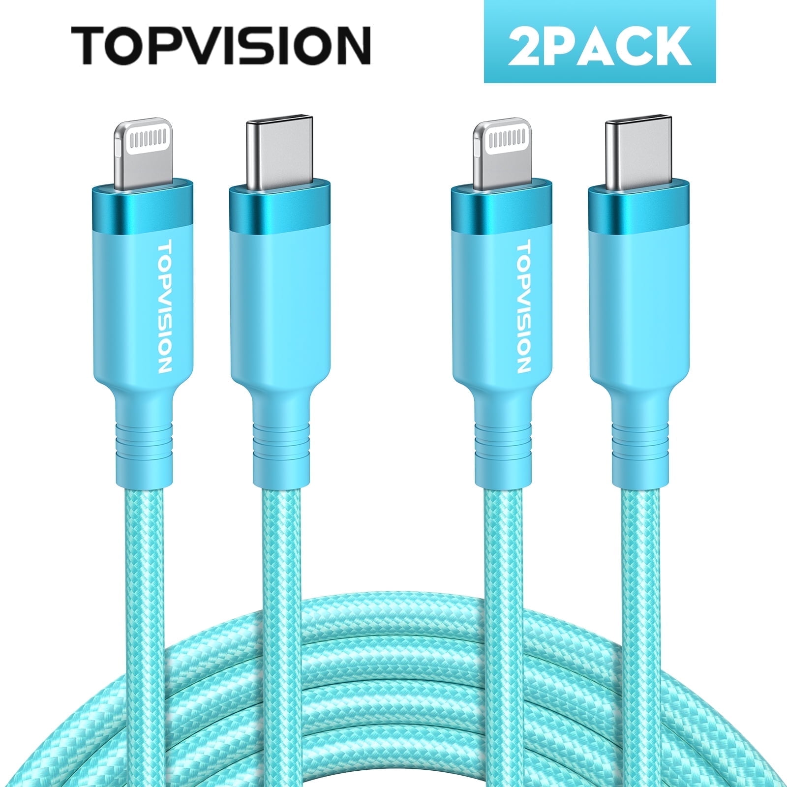 TOPVISION USB A to Lightning Cable(6FT, 2Cables), MFi Certified Nylon ...