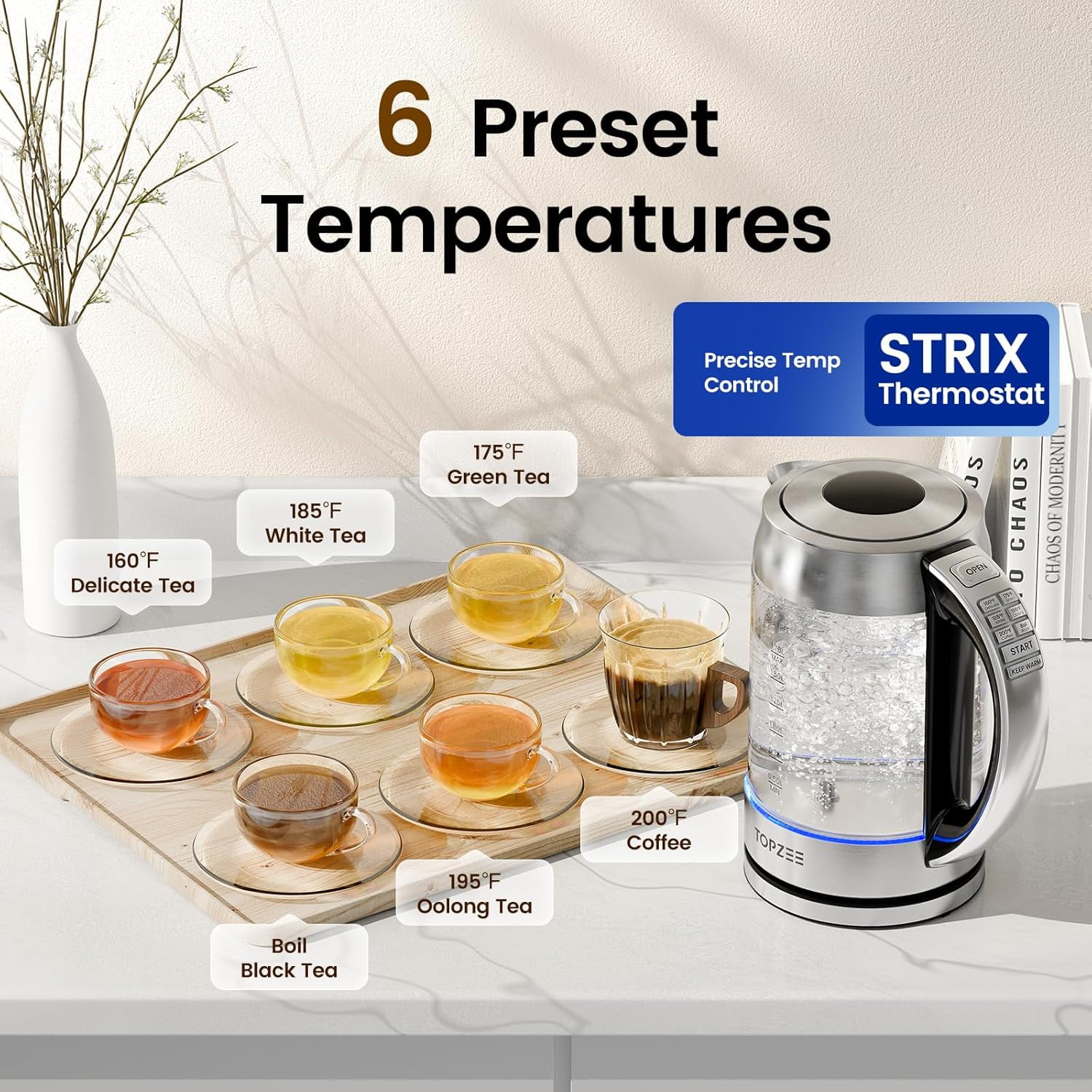 TOPZEE 1.7L Glass Electric Kettle for Coffee & Tea, Hot Water Boiler ...