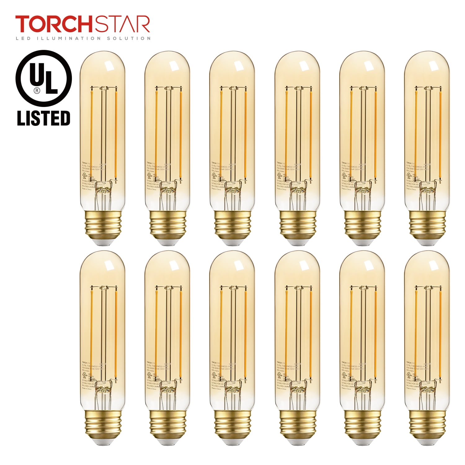 TORCHSTAR 12 Pack Dimmable Vintage Edison Bulbs, UL Listed T10 LED Bulb ...