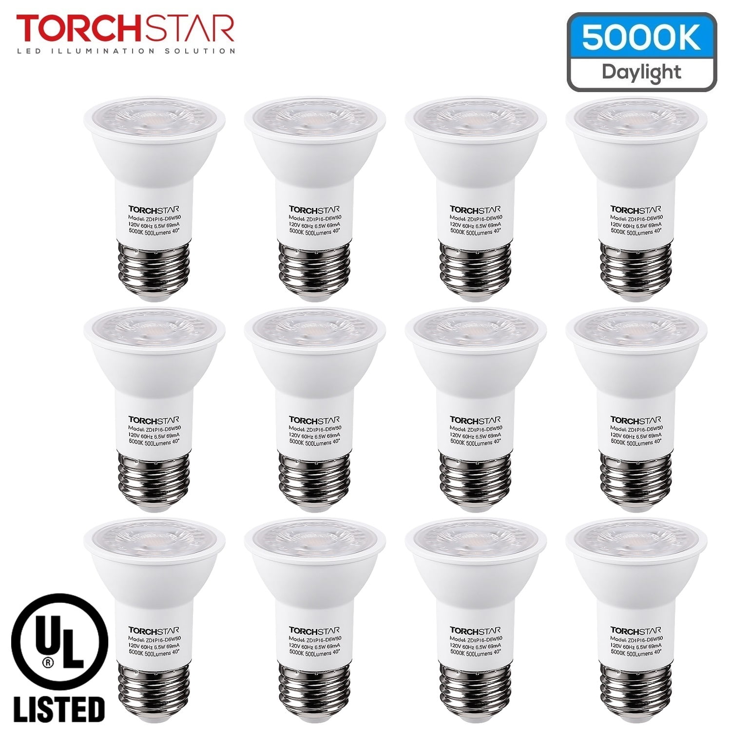 TORCHSTAR 12-Pack PAR16 LED Dimmable Spotlight Bulbs, 6.5W(50W Equiv ...