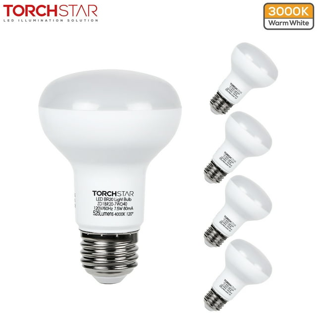 TORCHSTAR 4 Pack BR20 LED Bulb, 7.5W=50W, Dimmable, 3000K Warm White ...