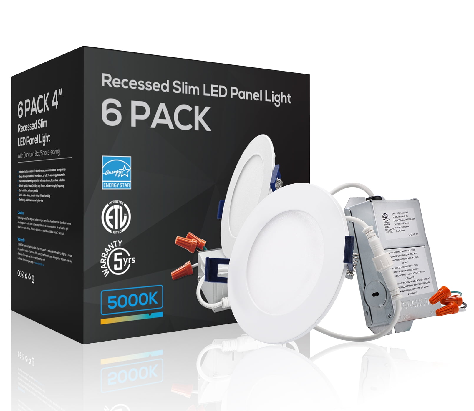 TORCHSTAR 6-Pack 4" Slim Panel LED Recessed Light with J-box, Dimmable ...