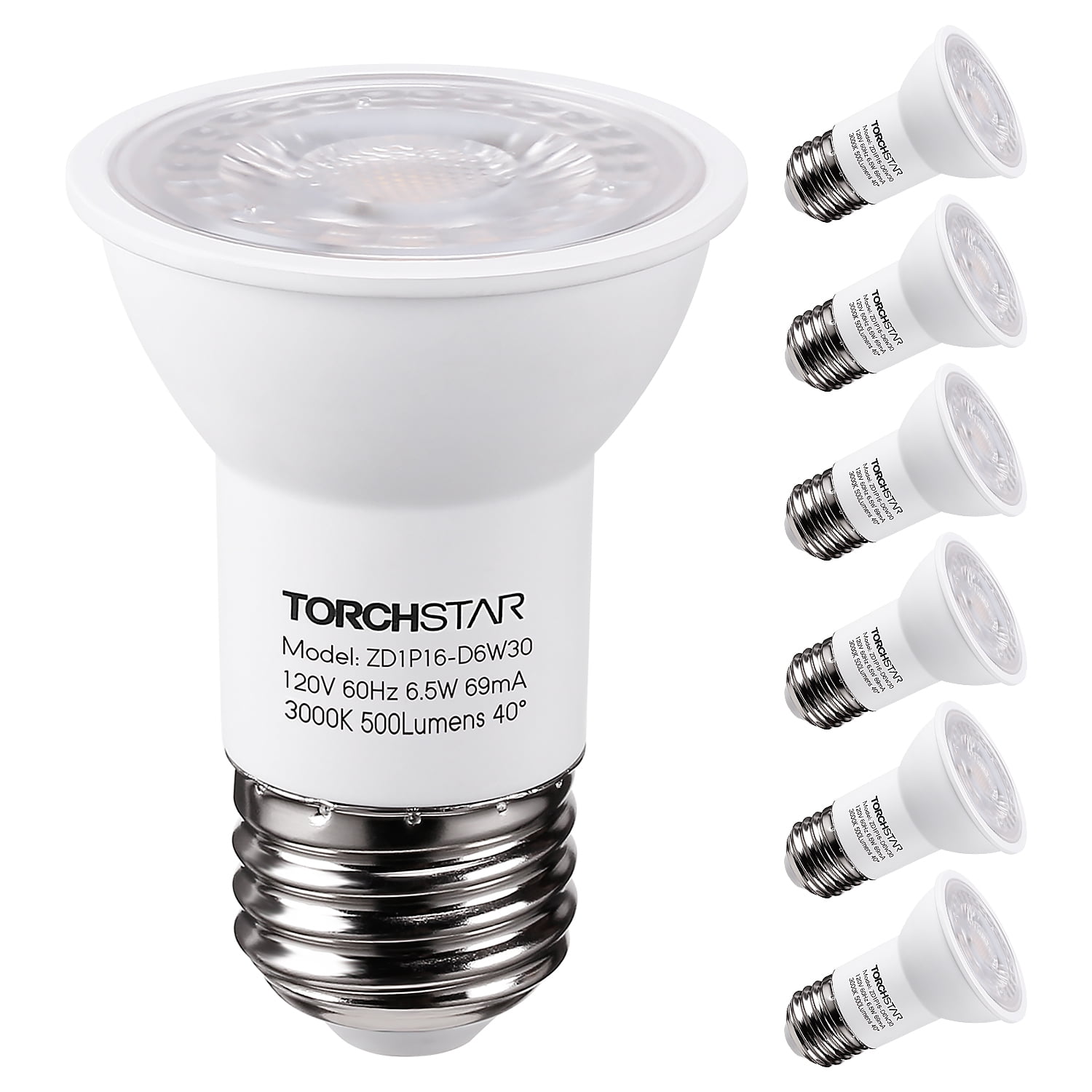 TORCHSTAR 6-Pack LED PAR16 Spot Light Bulbs, 6.5W(50W Eqv.) 500lm E26 ...