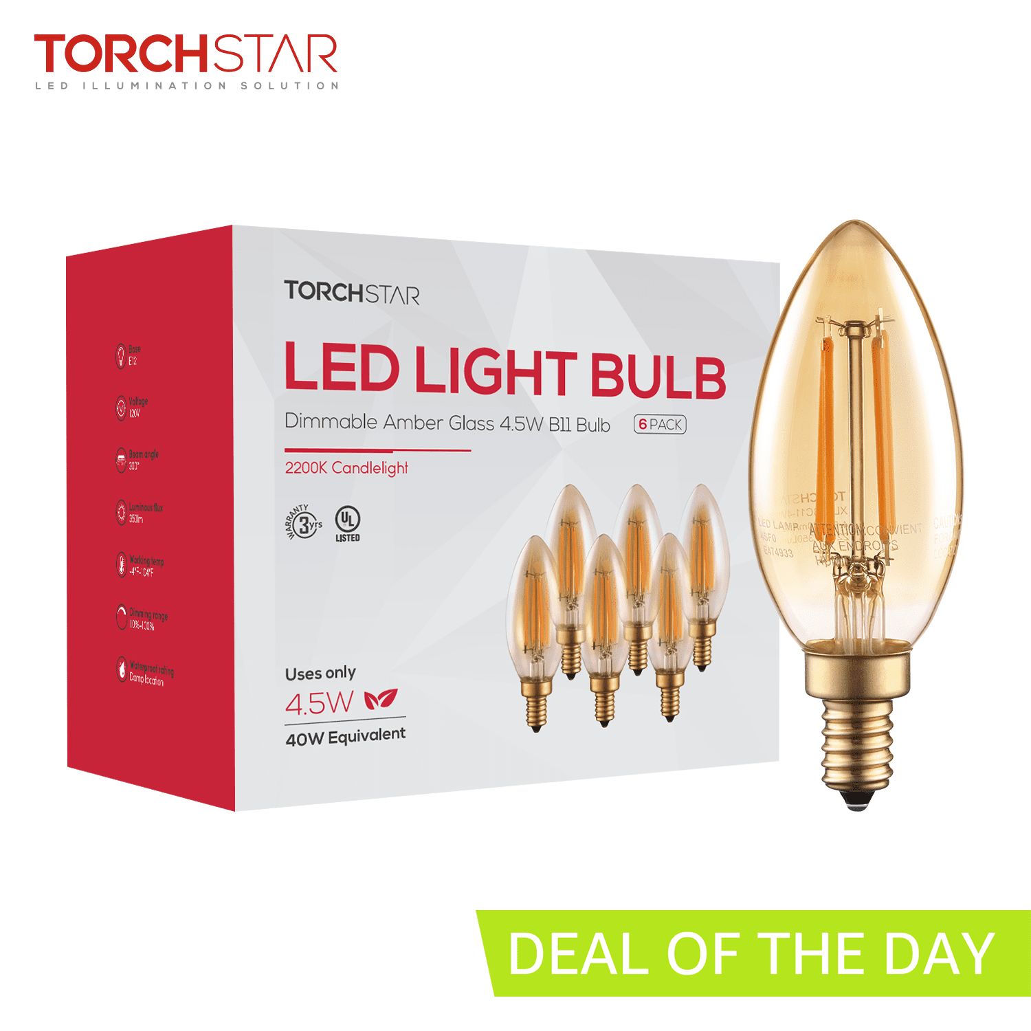 TORCHSTAR Dimmable LED Candelabra Light Bulbs, 40W Equivalent Amber B11 ...