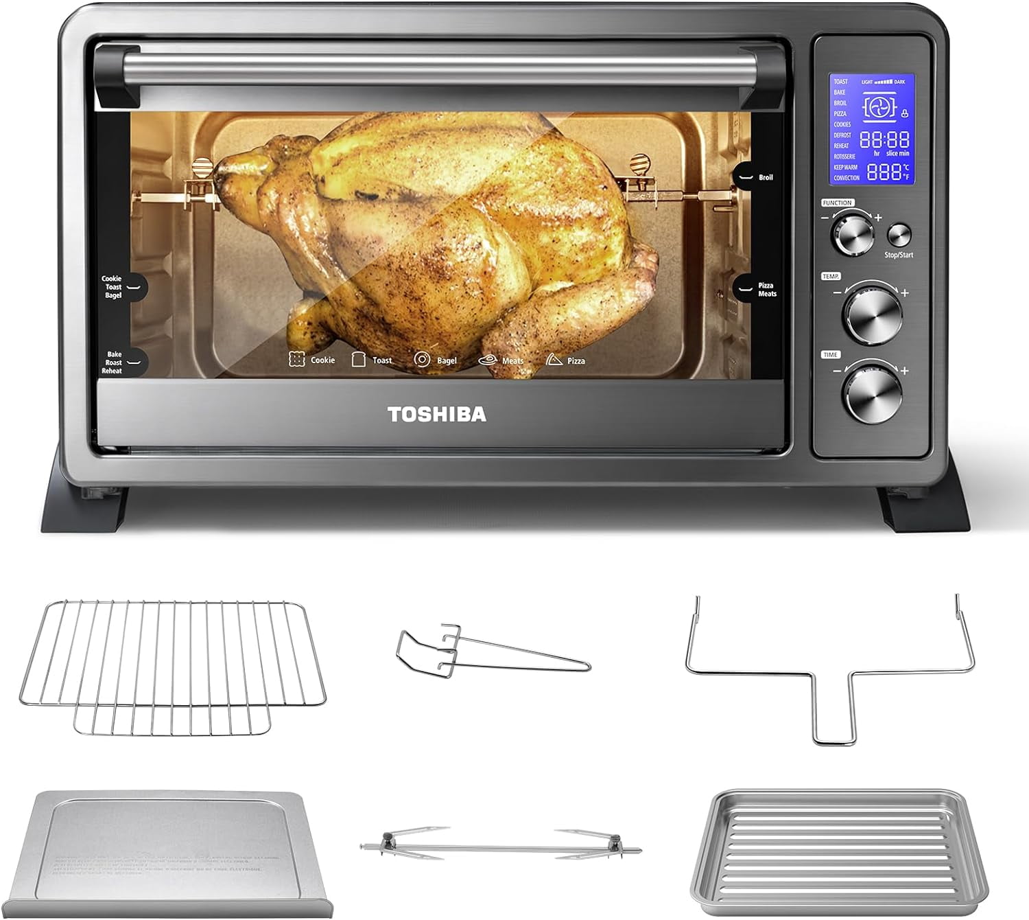 TOSHIBA AC25CEW-BS Large 6-Slice Convection Toaster Oven Countertop, 10 ...