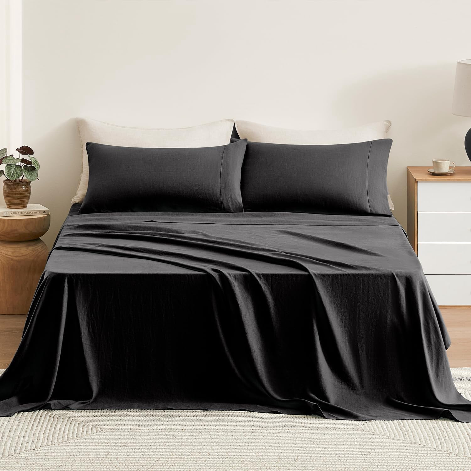 TOSMO Pure Linen Sheets Set, 100% French Natural Linen Flax Bedding 4pc ...