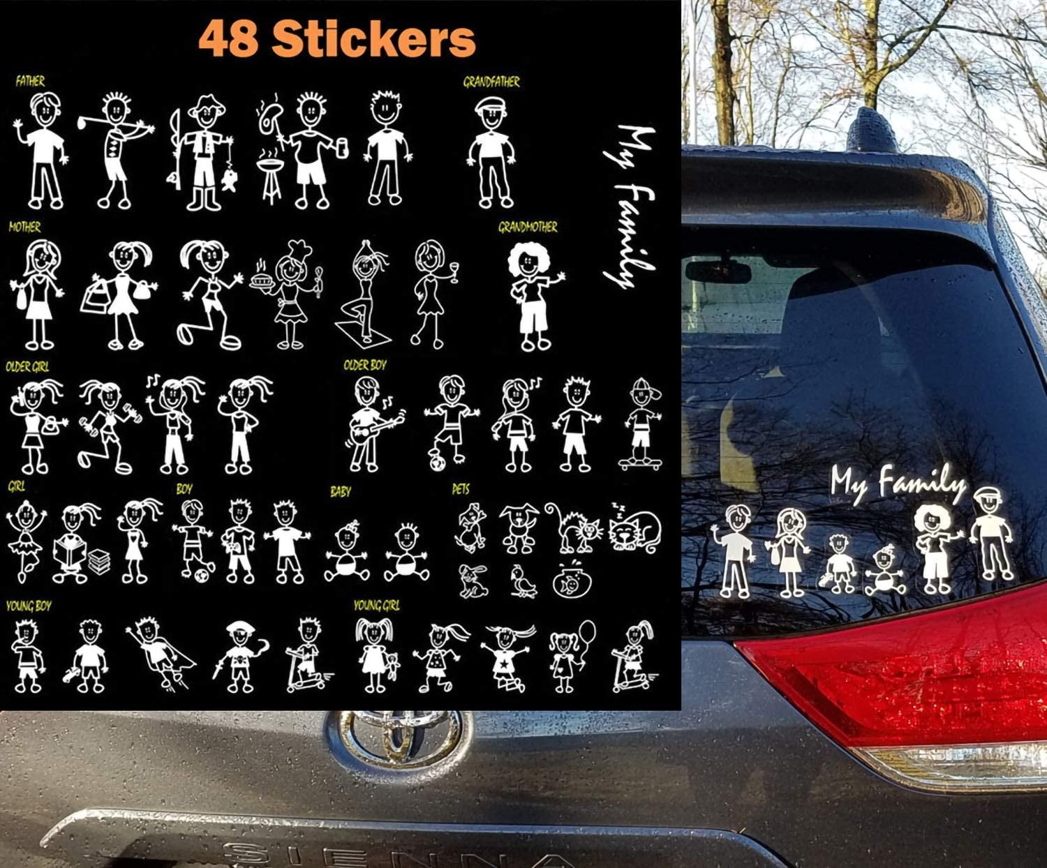 TOTOMO 48 Stick Figure My Family Car Stickers with Pet Dog Cat Fish ...
