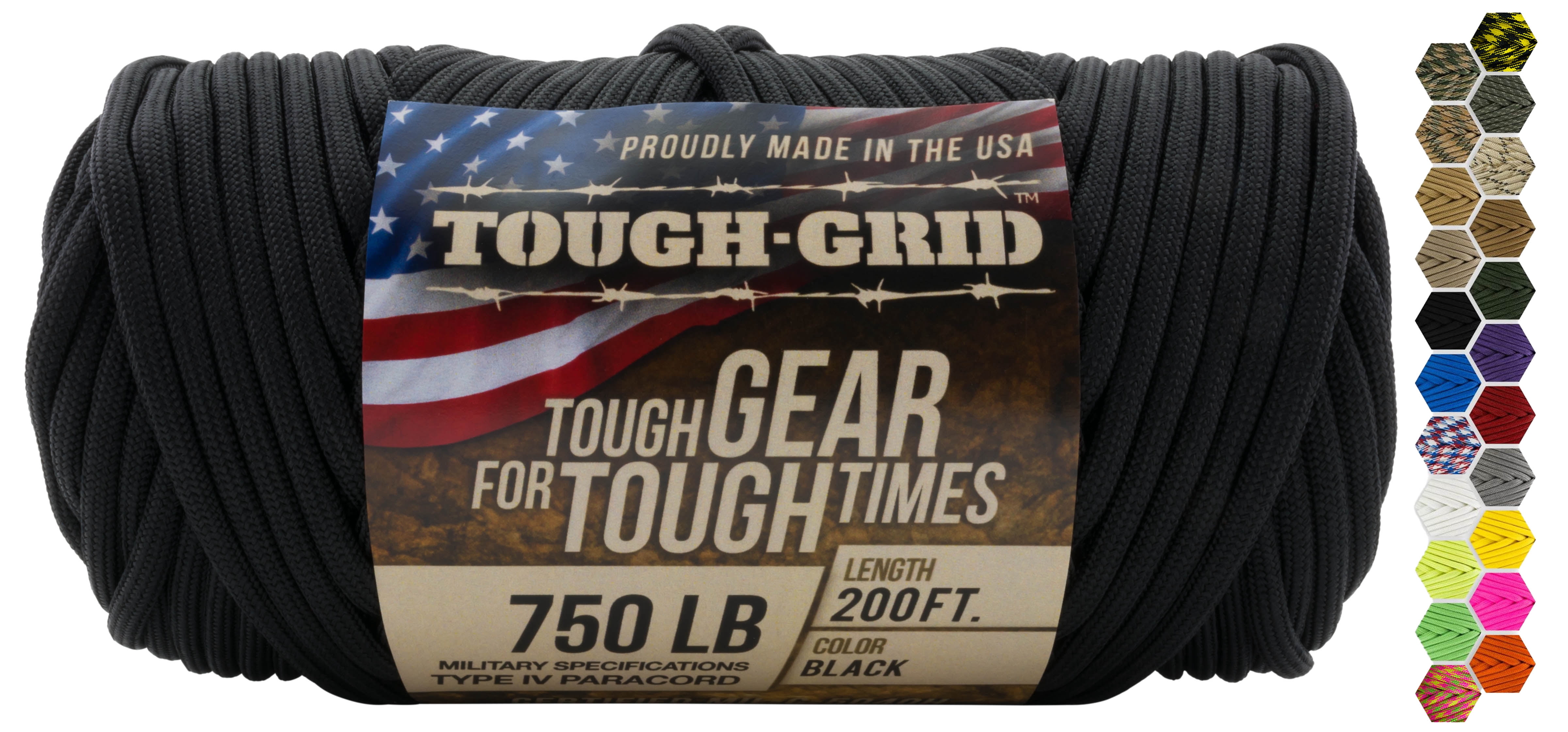 TOUGH-GRID 750lb Black Paracord / Parachute Cord - 100% Nylon Mil-Spec ...