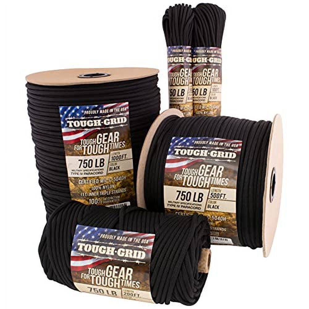 TOUGH-GRID 750lb Black Paracord / Parachute Cord - 100% Nylon Mil-Spec ...