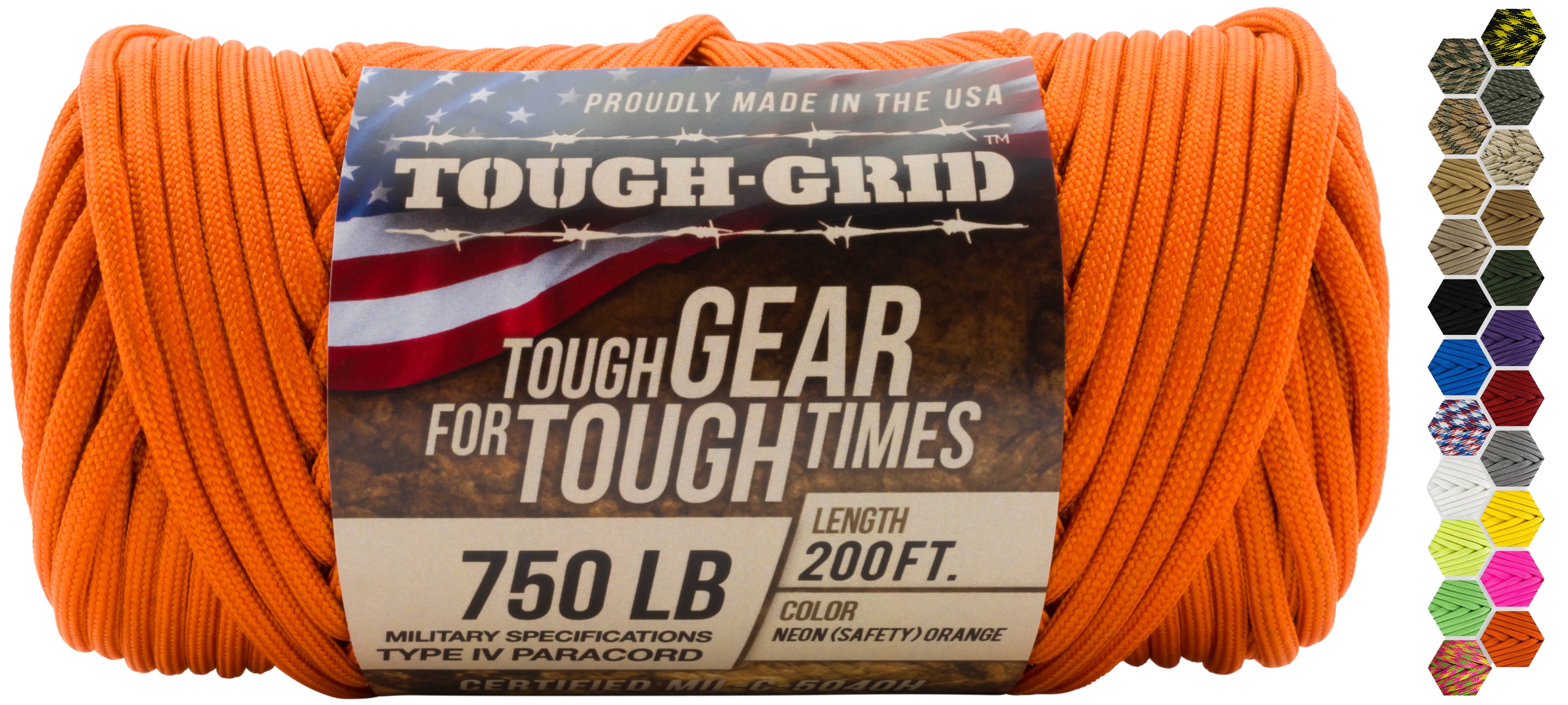 TOUGH-GRID 750lb Neon (Safety) Orange Paracord / Parachute Cord - 100% ...