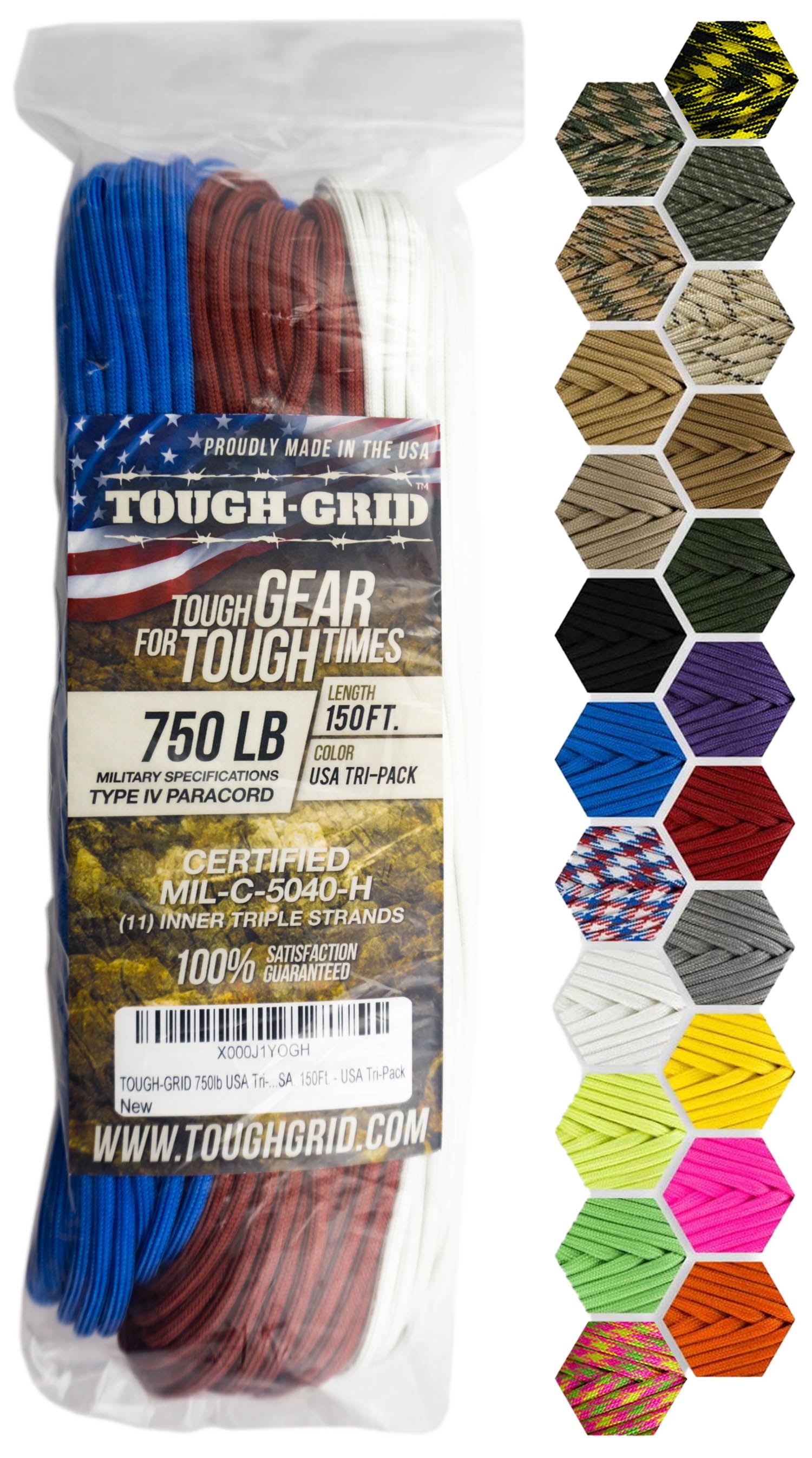 TOUGH-GRID 750lb USA Tri-Pack Paracord / Parachute Cord - 100% Nylon ...