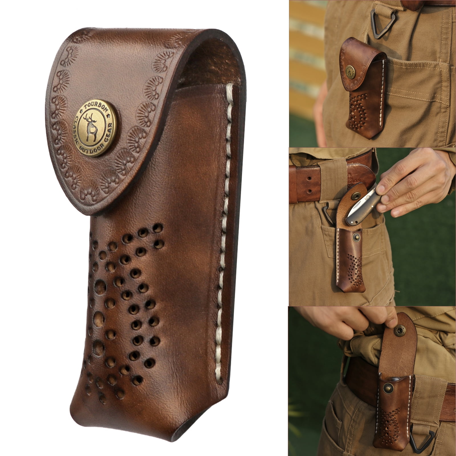 TOURBON Heavy Duty 4.1" Leather Multipurpose Knife Pouch EDC Holster ...