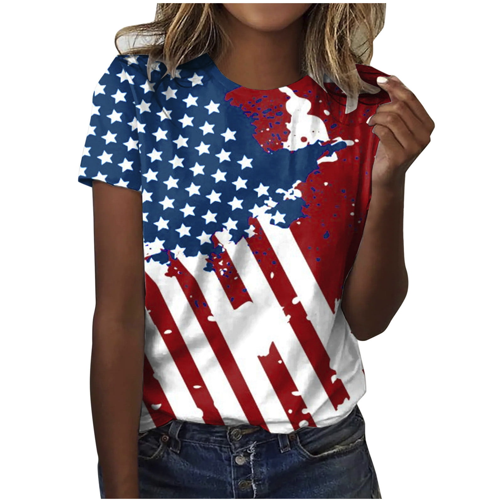 TOWED22 American Flag Tees Shirts Women Crew Neck 4th of July Short ...