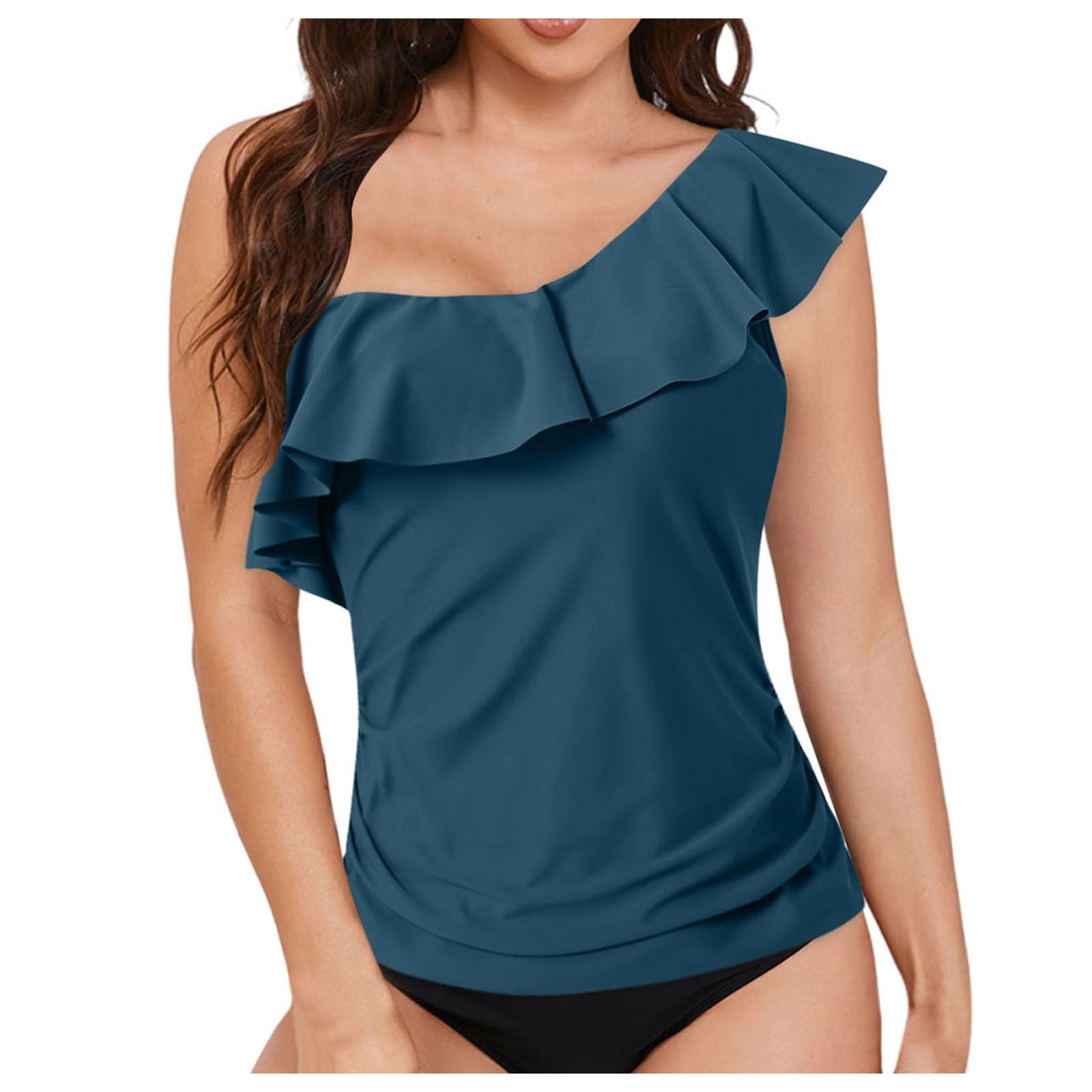 TOWED22 Chic One Shoulder Ruffle Tankini Top Strapless Swimsuit Tummy Control Swimwear Top Only ...