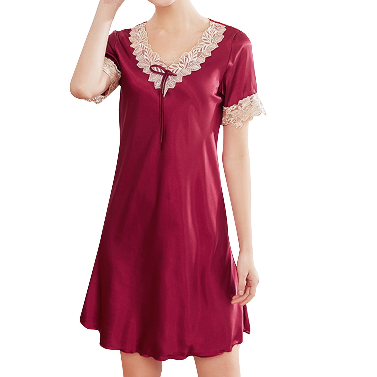 TOWED22 Women's Nightgown Satin Sleepwear Lace V Neck Chemise Sexy Side ...