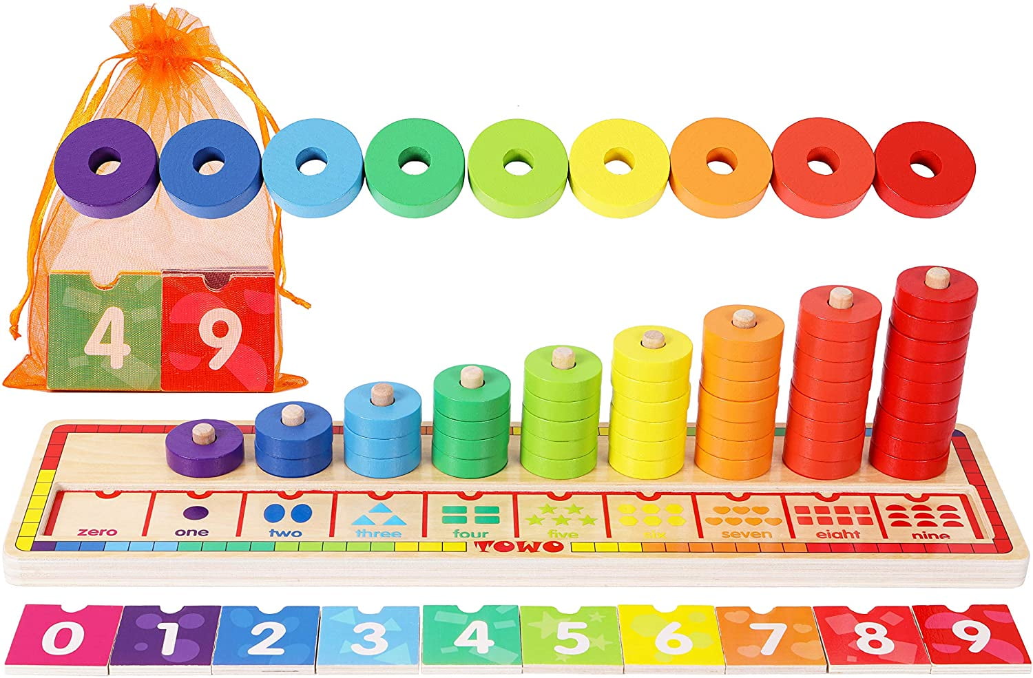 TOWO Wooden Stacking Rings and Games with 45 Rings Number Blocks- Ring ...