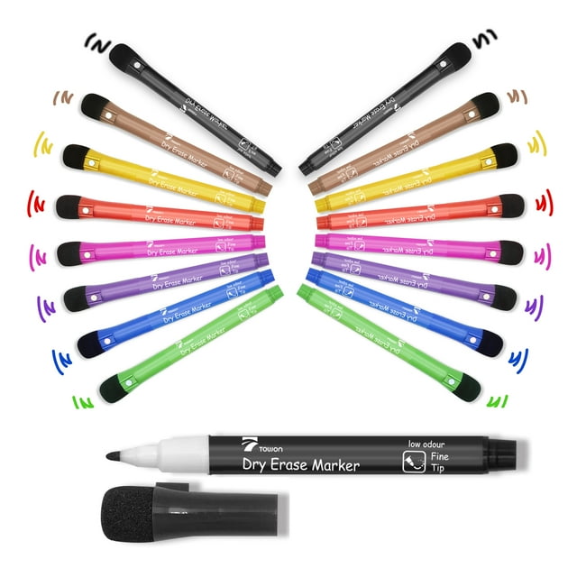 TOWON 16-Pack Colored Magnetic Dry Erase Markers with Eraser - Fine Tip ...