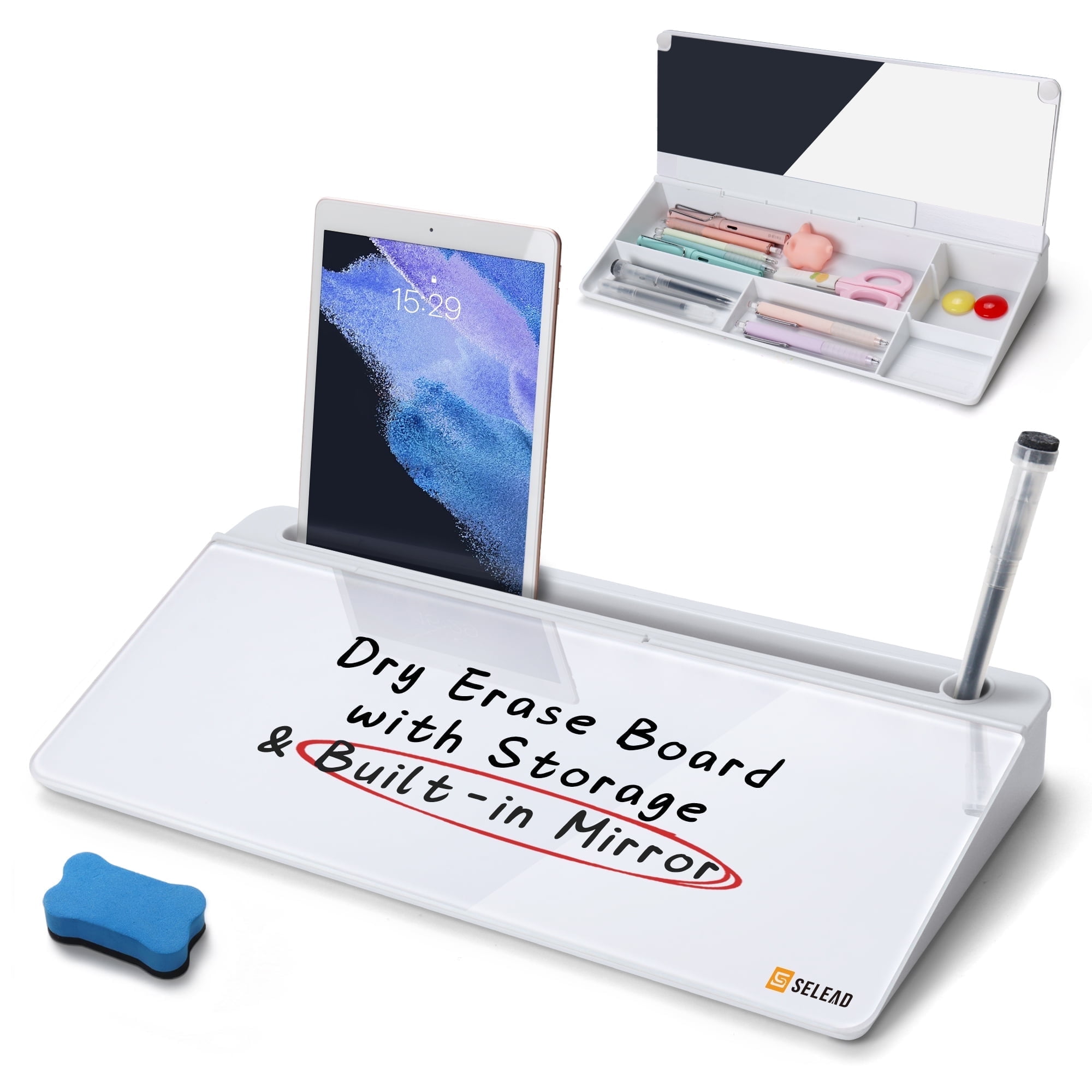 TOWON Desktop Glass Dry Erase Board with Organizer, 1 Marker, Small ...