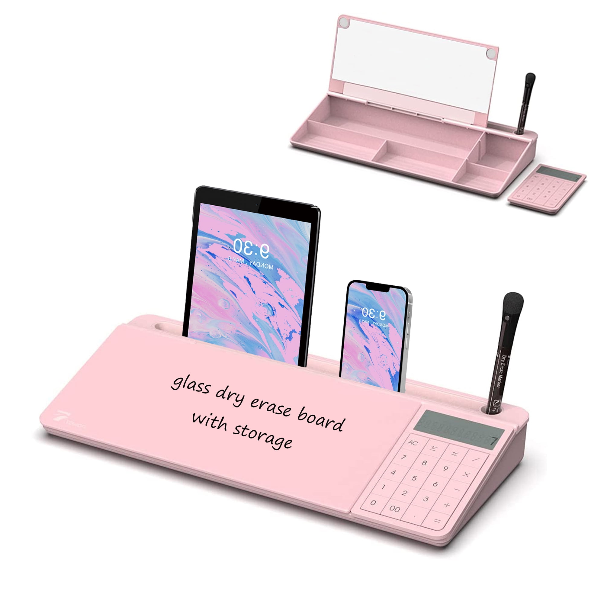 TOWON Pink Desktop Glass Whiteboard with Calculator, Mirror, Organizer ...