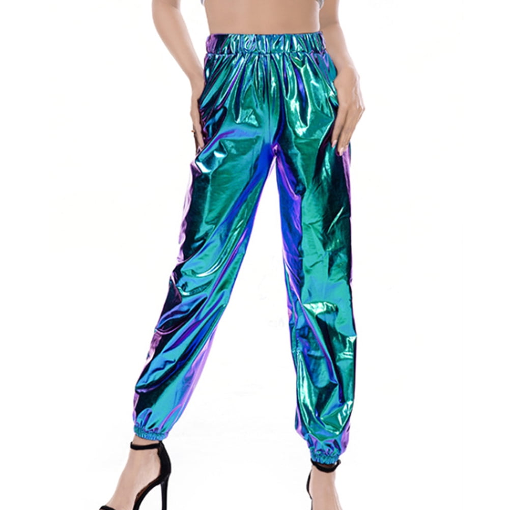TOXMENT Women's Metallic Holographic Joggers Elastic Waist Trousers ...