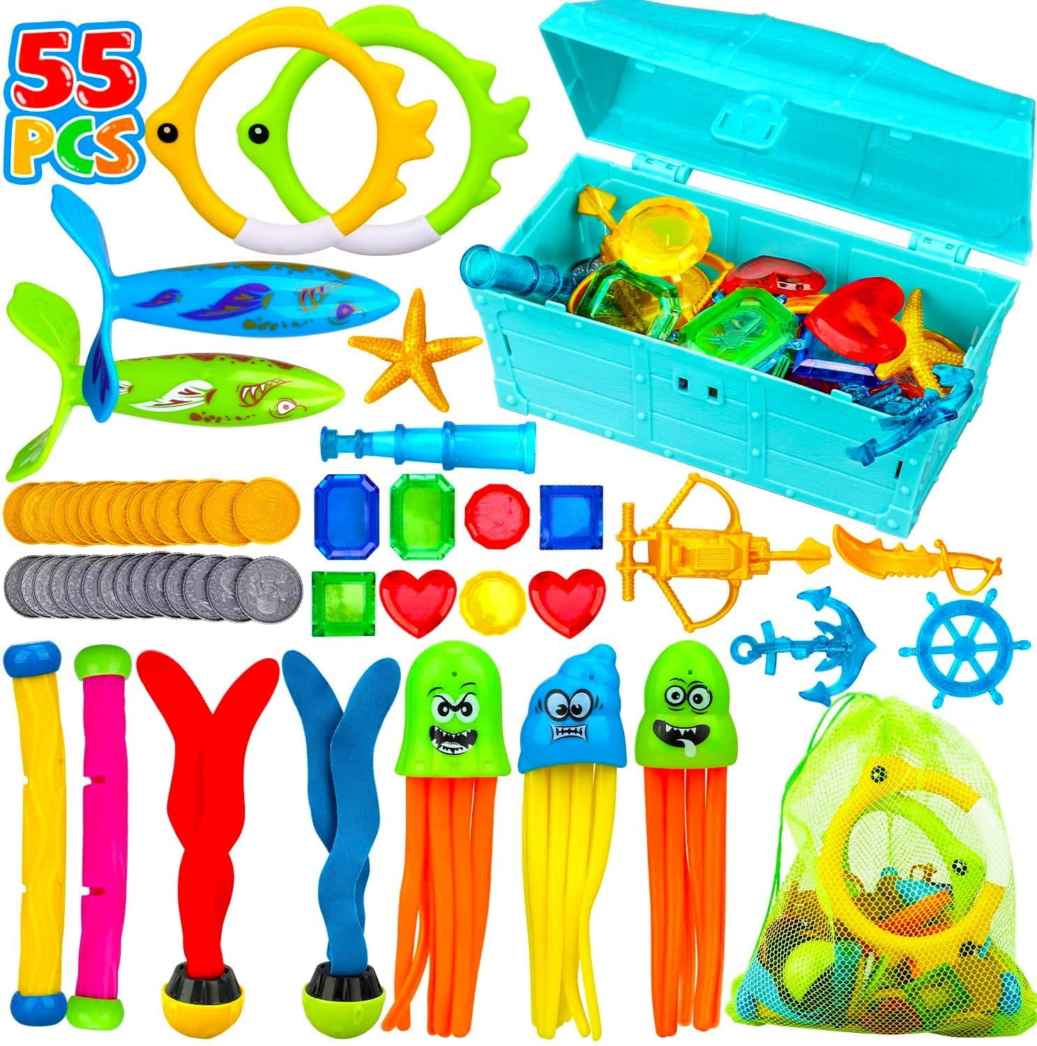 TOY Life 55 PCS Underwater Pool Dive Toys Set - Rings, Sticks, Gems ...