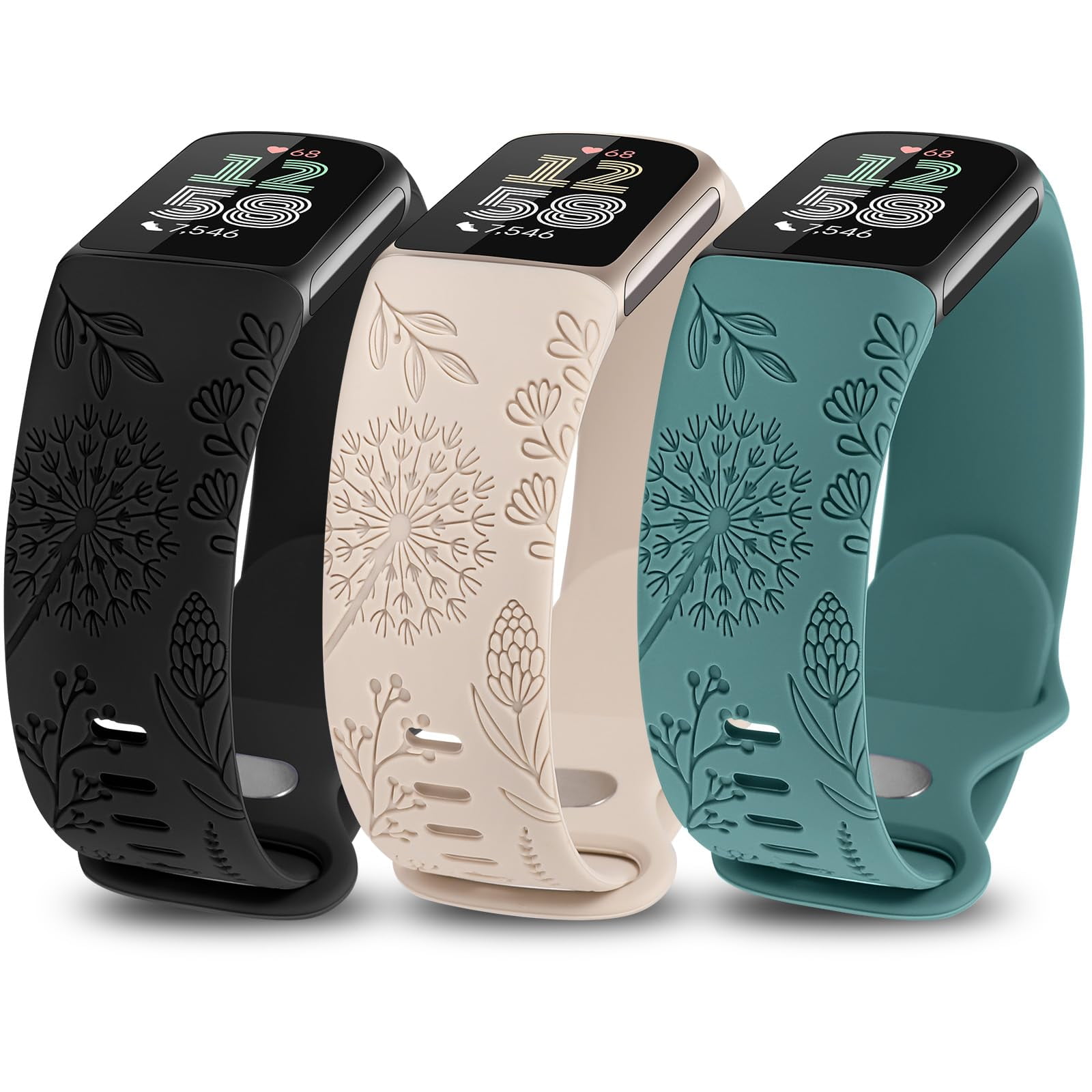 TOYOUTHS 3 Packs Floral Engraved Band Compatible with Fitbit Charge 6 ...