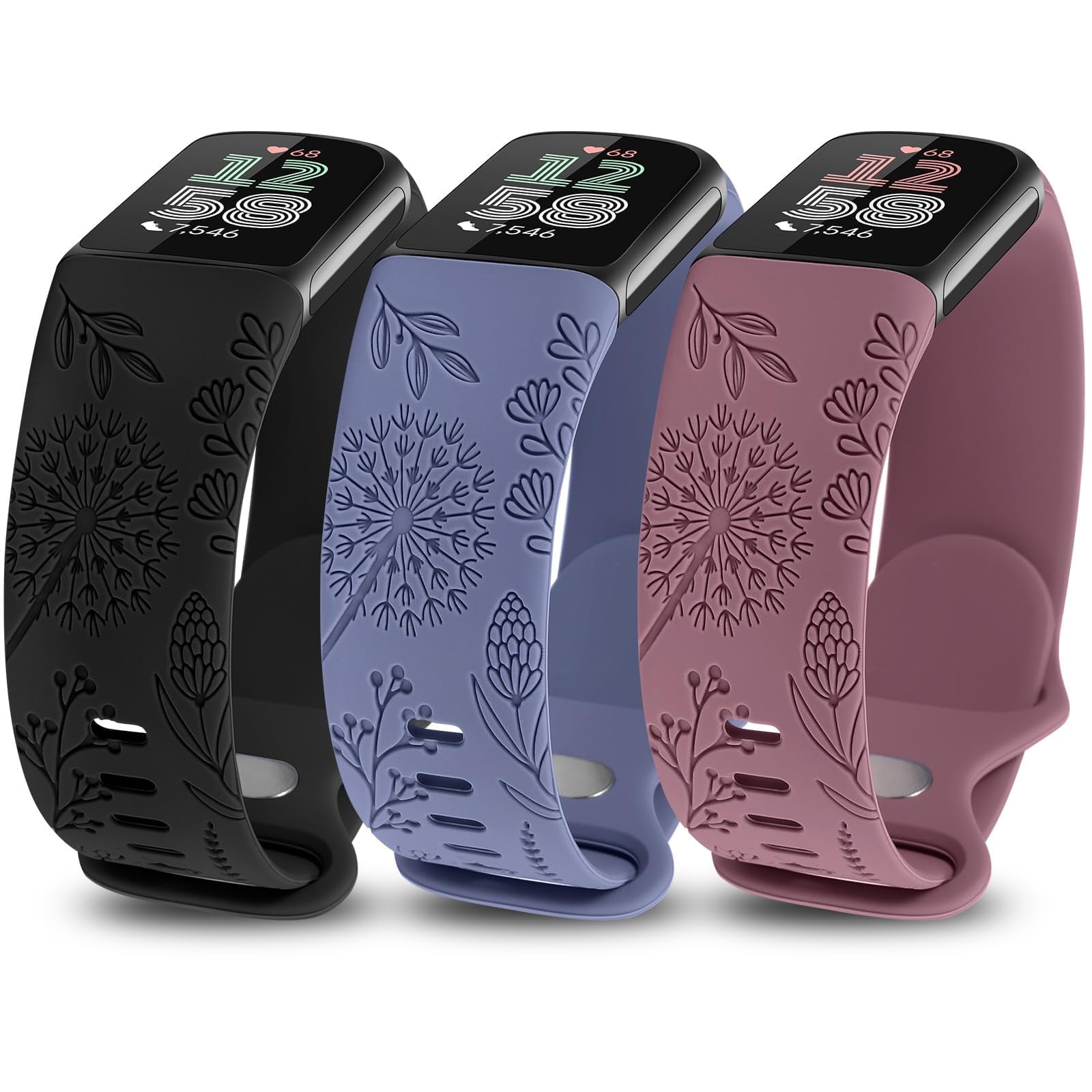 Toyouths Floral Engraved Silicone Band, Compatible with Fitbit Charge 6 ...