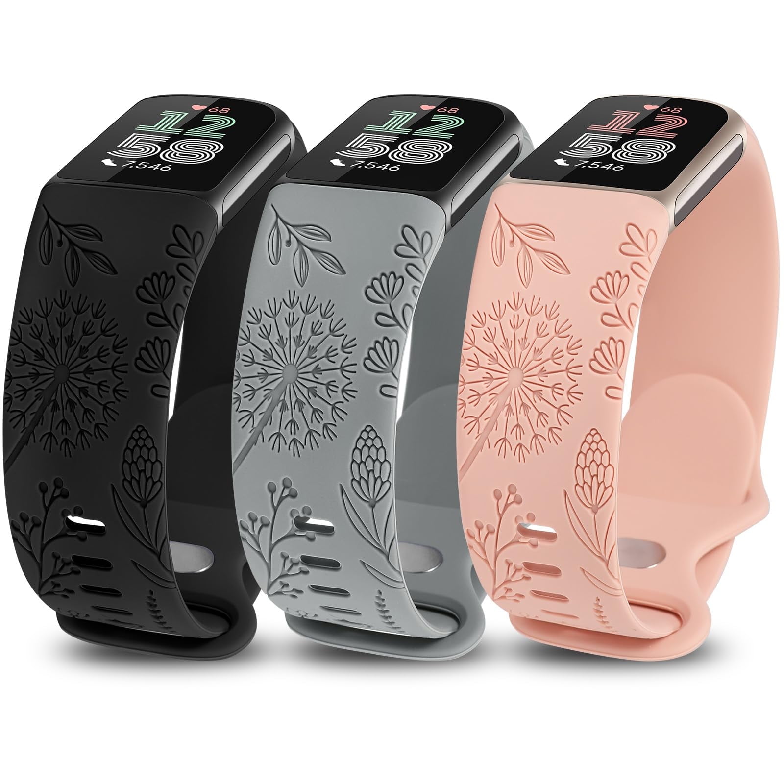 TOYOUTHS 3 Packs Floral Engraved Band Compatible with Fitbit Charge 6 ...