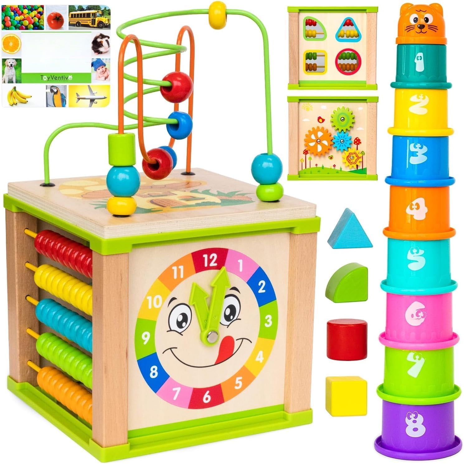 TOYVENTIVE Wooden Activity Cube, Montessori Toys for 1+ Year Old Girl ...