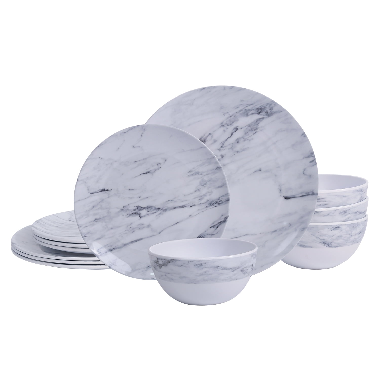 TP 12-Piece Melamine Dinnerware Set, Marble Pattern, Dishwasher Safe ...