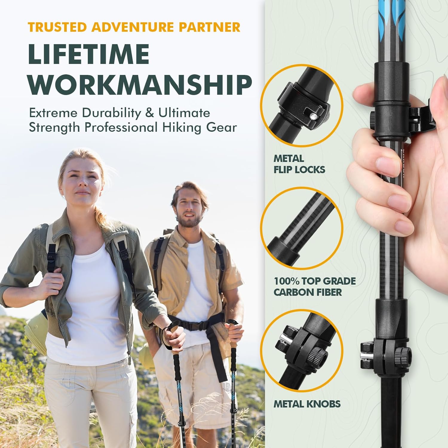 TPC Carbon Fiber Hiking Poles, Telescopic Retractable Nordic Trekking ...
