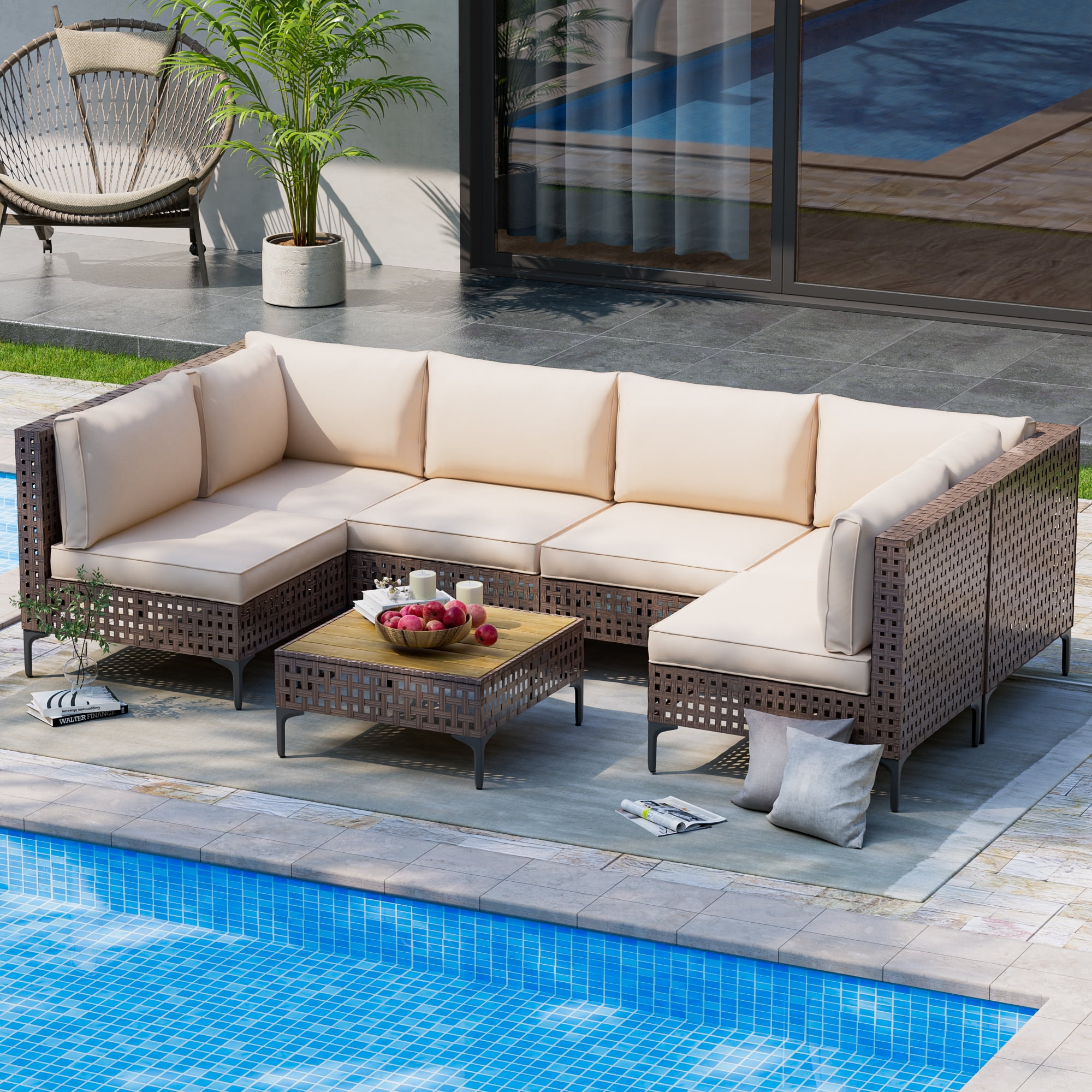 TPHORK 7 Piece Outdoor Patio Furniture Set, Wicker Patio Conversation ...