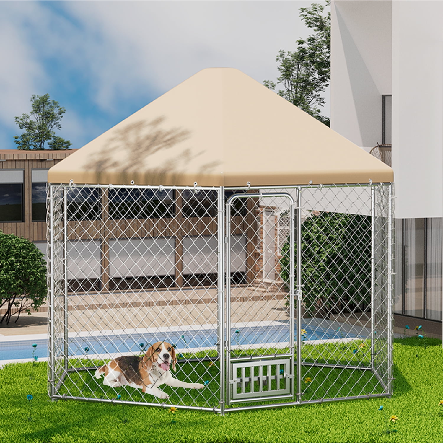 TPHORK Outdoor Dog Kennel with Roof, Large Dog Kennel with Dog Bowls ...