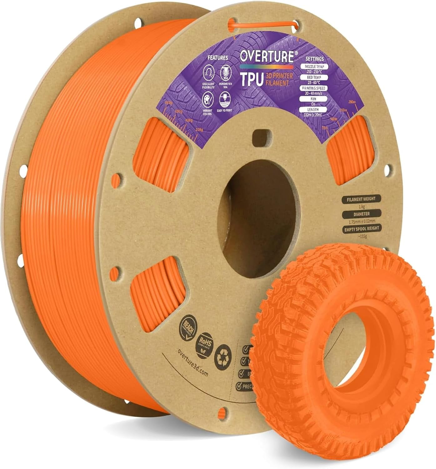 TPU Filament 1.75mm Flexible Roll, 95A Soft 3D Printer Filament, 1kg ...