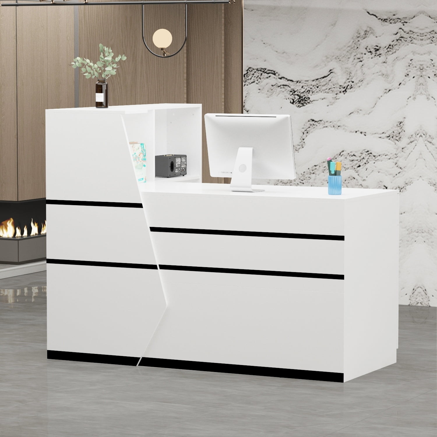 "TQ 55.1""W x 43.3""H Easy Assembly Reception Desk with Lockable Drawer ...