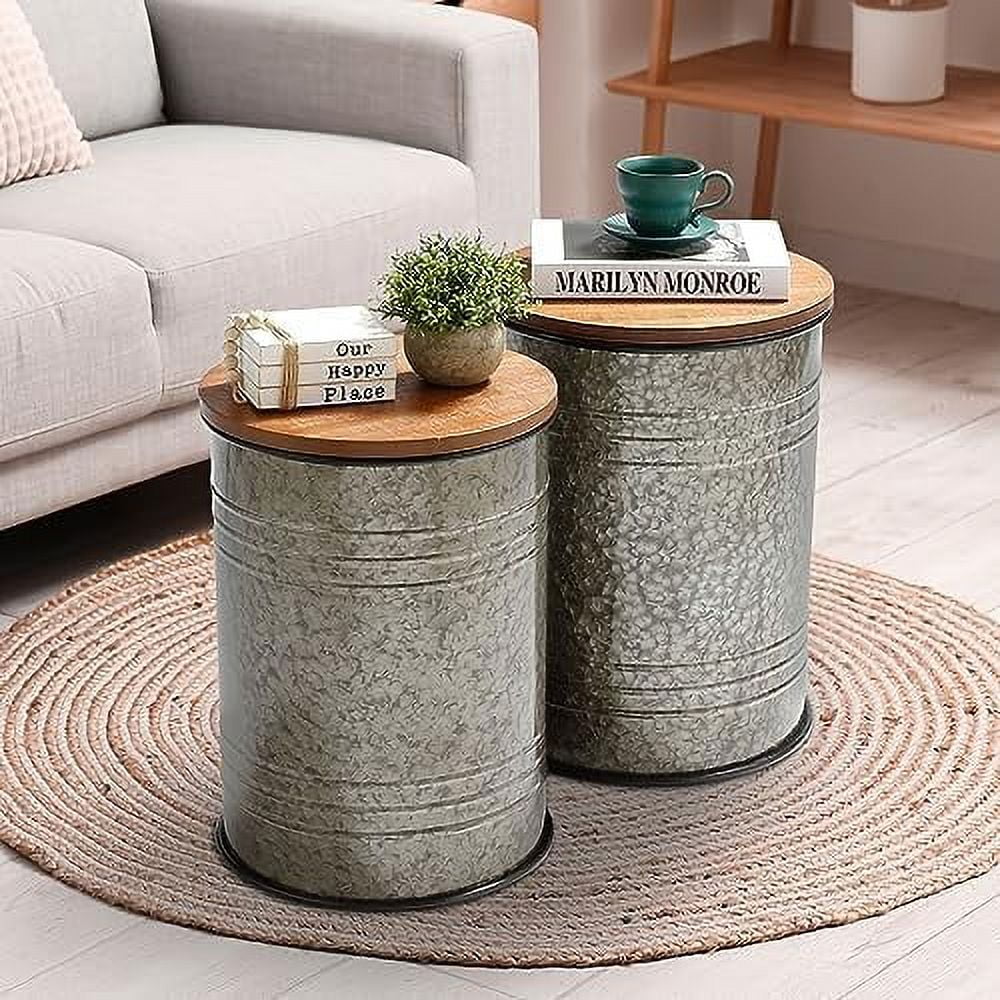 Farmhouse End Rustic Ottoman Seat Stool Barrel Metal Coffee with Round ...