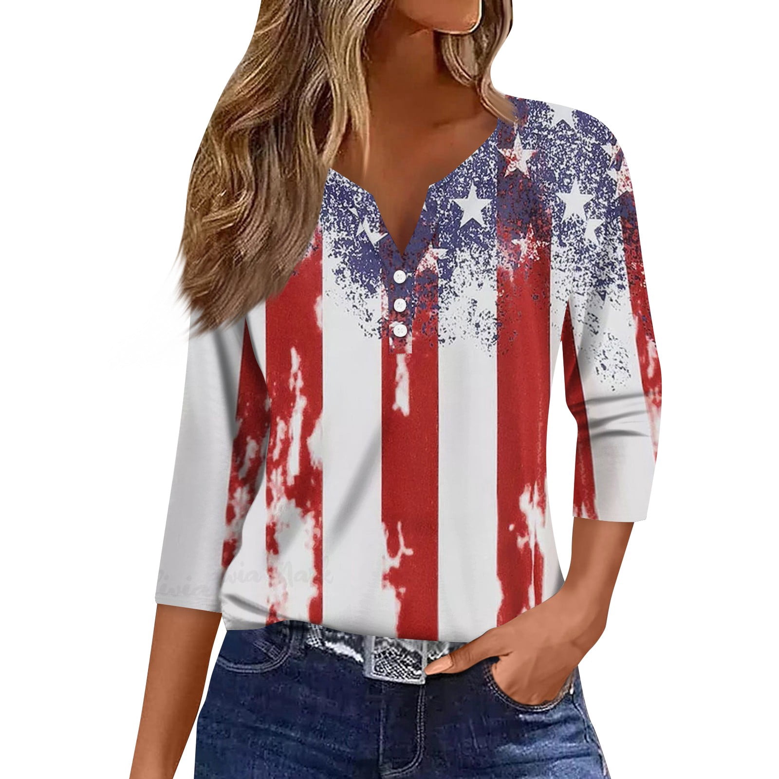 TQWQT American Flag 3/4 Sleeve Blouses for Women Plus Size Patriotic T ...