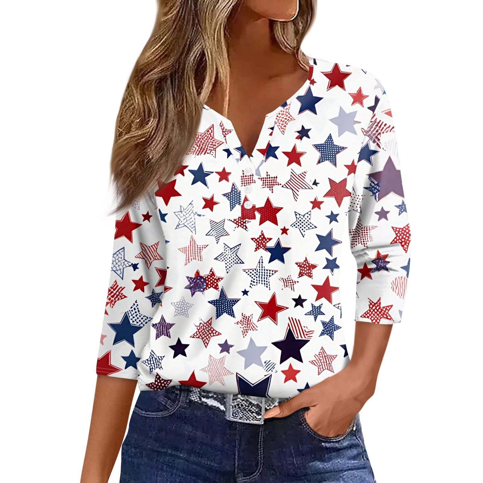 TQWQT American Flag 3/4 Sleeve Blouses for Women Plus Size V-Neck ...