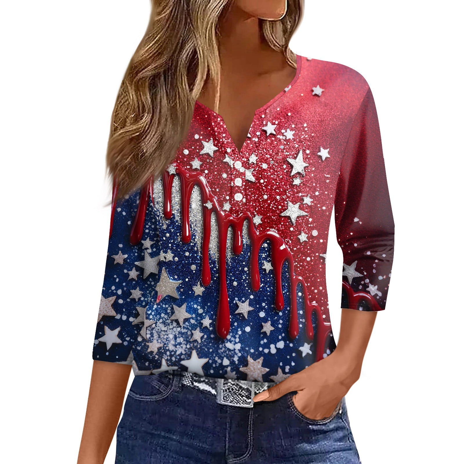 TQWQT American Flag 3/4 Sleeve Blouses for Women V Neck Patriotic ...