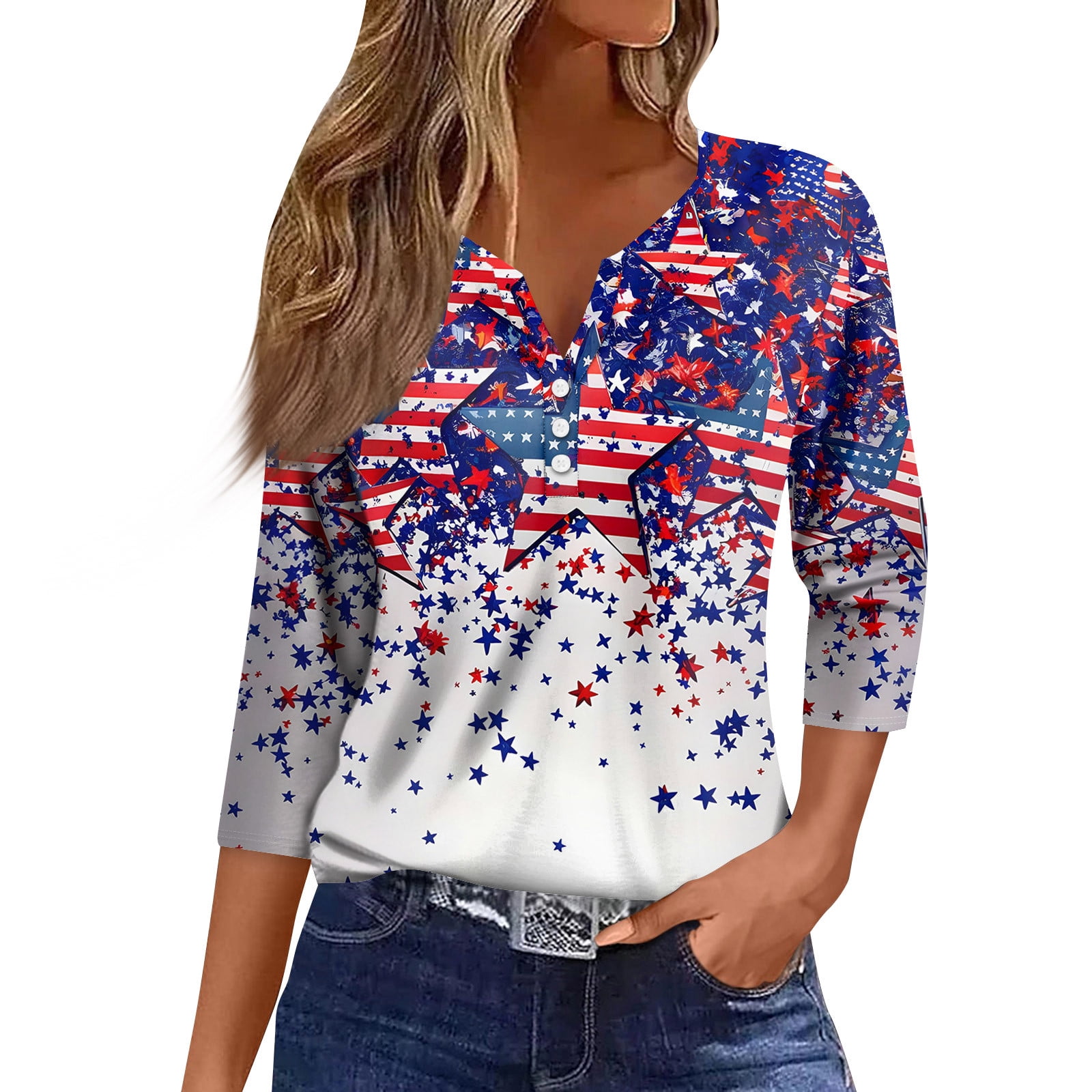 TQWQT American Flag Summer Shirts for Women Patriotic 3/4 Sleeve Blouse ...