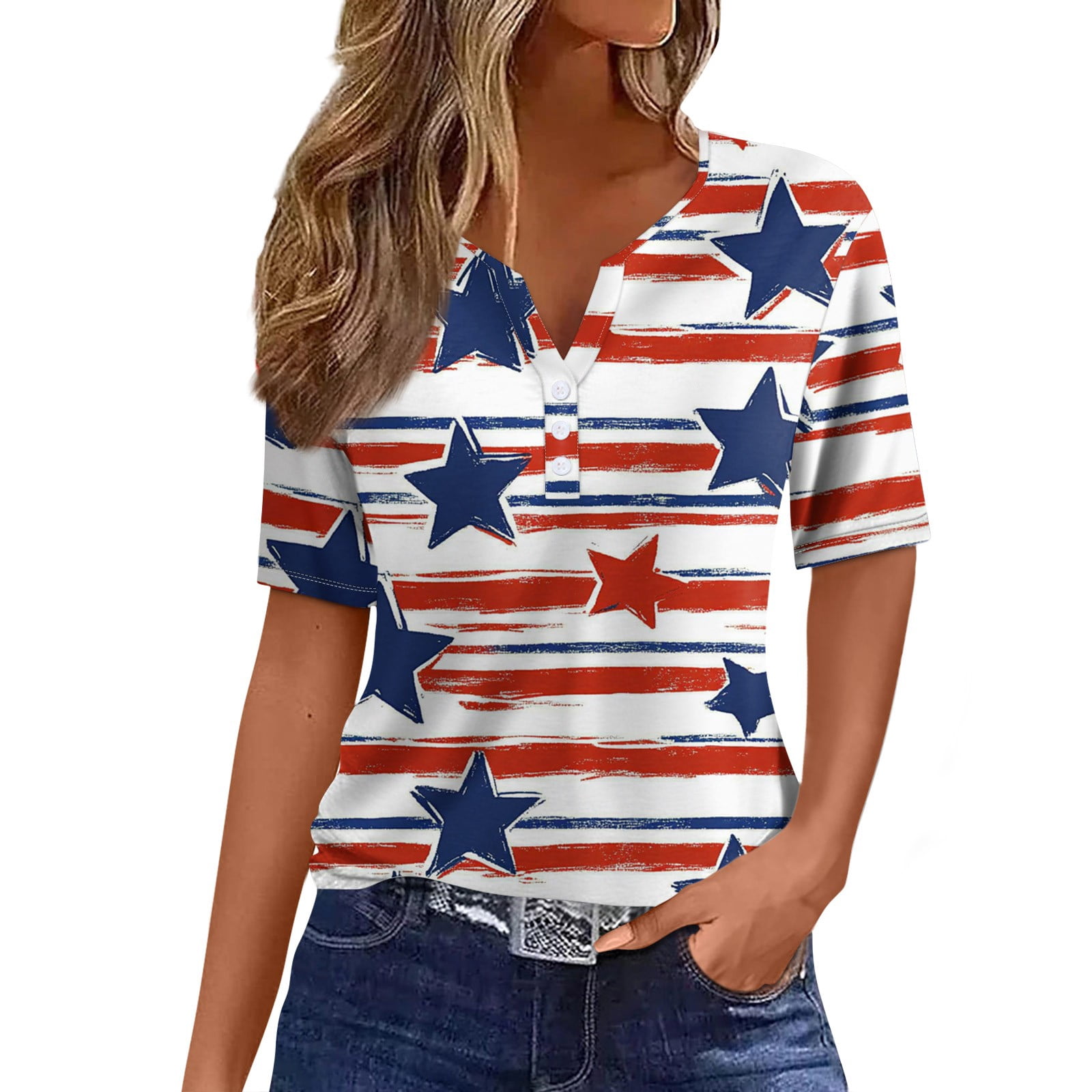 TQWQT American Flag Summer Tops for Women Patriotic V Neck Button Down ...